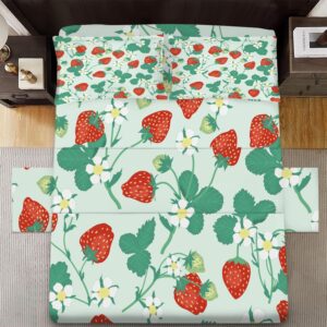 girls strawberry sheets set queen size 4 pcs cute cartoon fruit green kawaii bedding set for kids teens bed 1 fitted sheet with 1 flat & 2 pillowcases