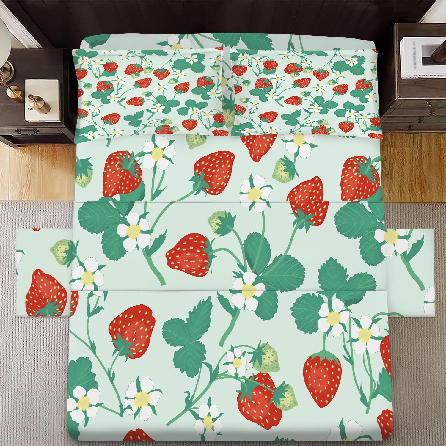 Girls Strawberry Sheets Set Queen Size 4 Pcs Cute Cartoon Fruit Green Kawaii Bedding Set for Kids Teens Bed 1 Fitted Sheet with 1 Flat & 2 Pillowcases