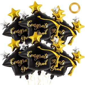 graduation cap balloons, large academic cap shaped black mylar graduation foil balloons, grad hat balloons for 2024 graduation party decorations (black gold)