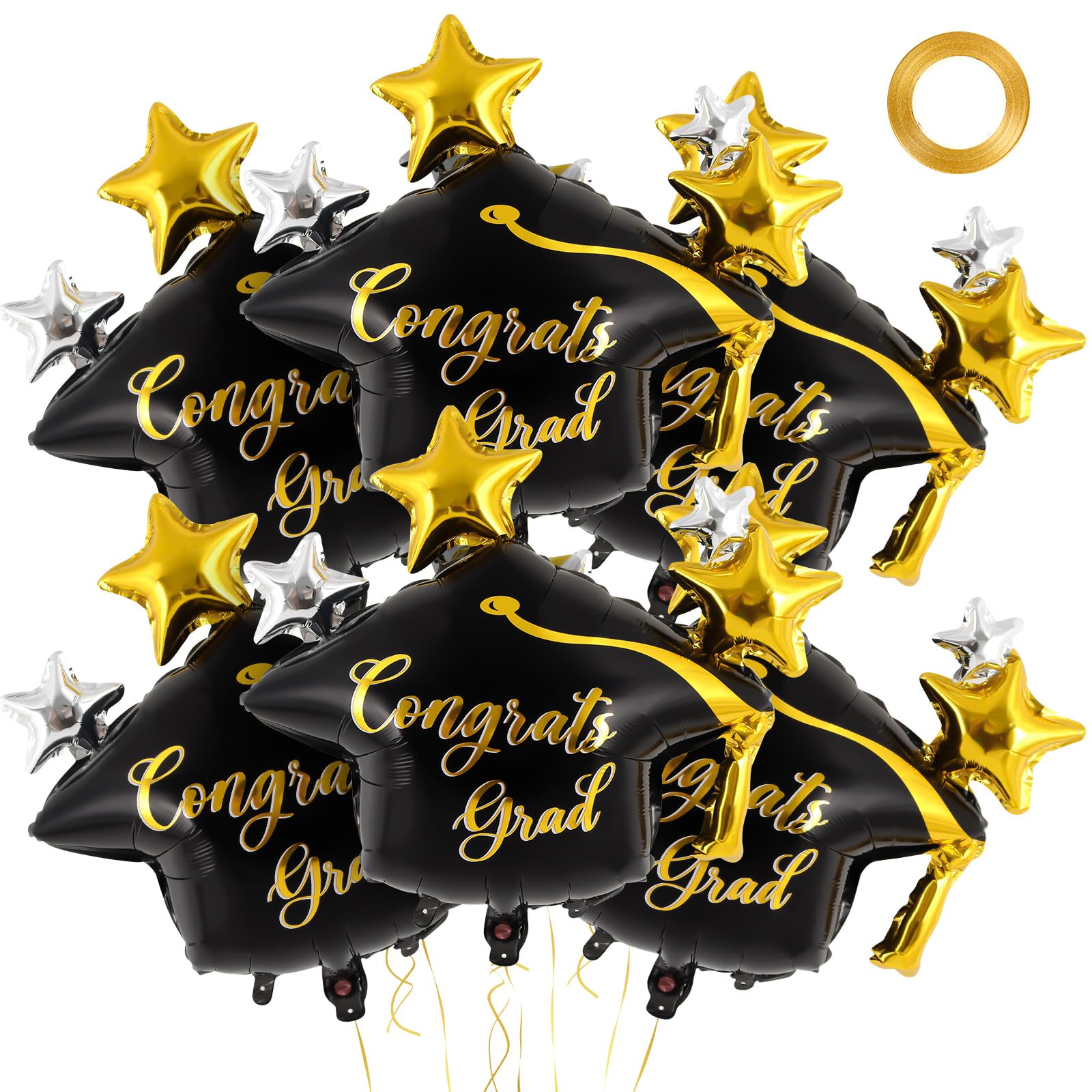 Graduation Cap Balloons, Large Academic Cap Shaped Black Mylar Graduation Foil Balloons, Grad Hat balloons for 2024 Graduation Party Decorations (Black Gold)