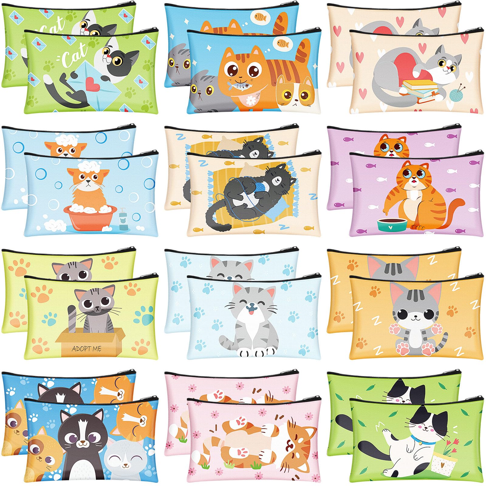 Shinylin 24 Pcs Bulk Cartoon Zipper Pencil Case Pouch Cute Cartoon Animal Pen Bag Multipurpose Canvas Cosmetic Bag Pouches Organizer for Boy Girl Stationary Storage(Cat Style)