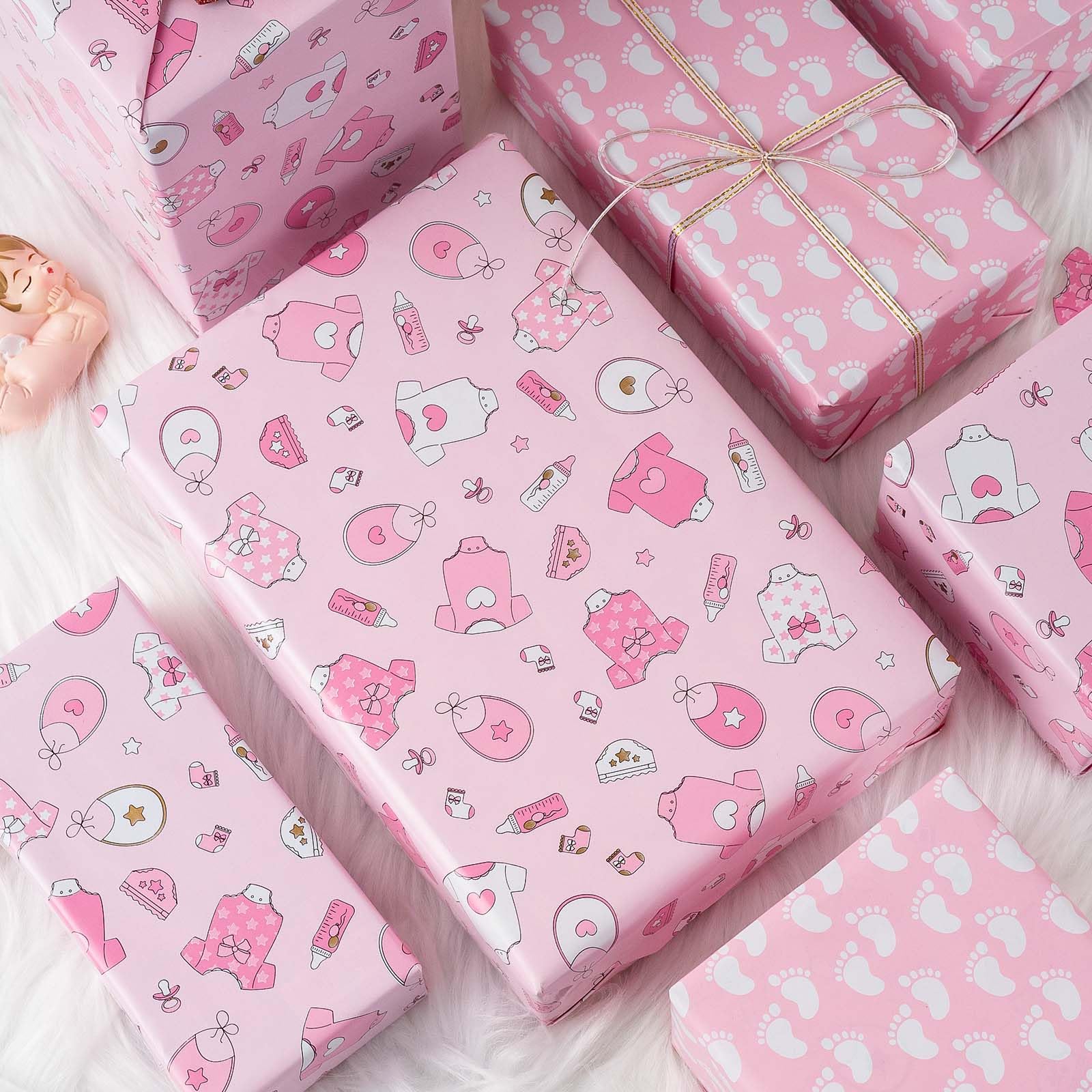 MAYPLUSS Baby Pink Girl Gift Wrap Paper - 17Inch x 33Feet - Cute Kid Pink Snapsuit, Bottle & Bayby Feet Baby Shower Wrapping Paper for Birthday Present, Gender Reveal Theme New Baby Party Decoration