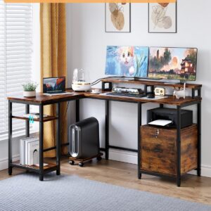 L Shaped Office Desk, 67" Home Office Desk with File Drawer & Power Outlet, Gaming Desk with Mobile CPU Stand, Corner Computer Desk with Monitor Shelf, Printer Storage Shelves, Two Person Desk, Brown