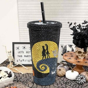 FunHues Bling Rhinestone Halloween Christmas Cup, 20oz Diamond Stainless Steel Insulated Tumbler with Lid and Straw, Glitter Halloween Xmas Coffee Water Bottle Mug