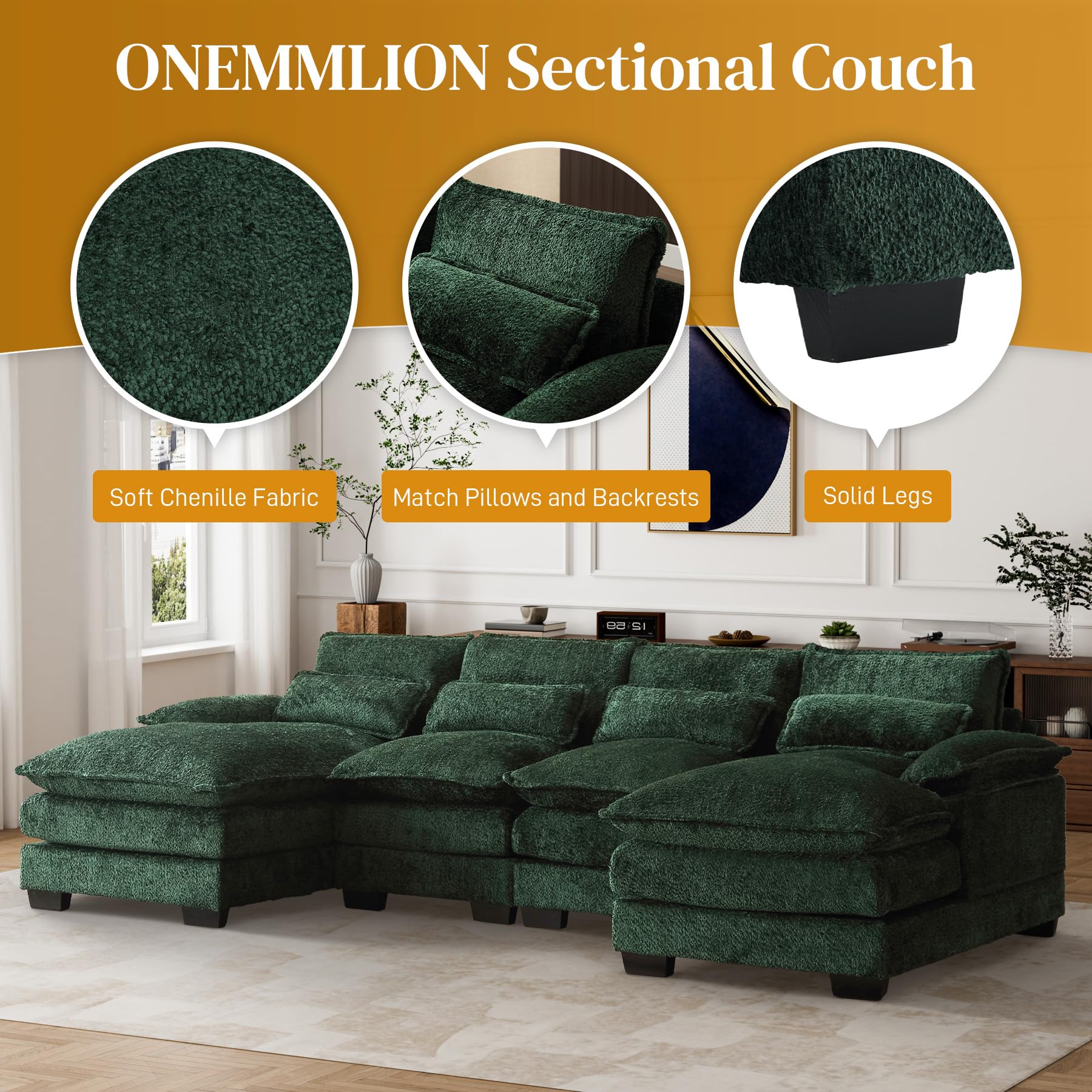 ONEMMLION U Shape Sectional Sofa Cloud Couch for Living Room, 110" Modern Chenille Comfy Modular Sofa, 4 Seat Upholstery Sofa Sleeper with Double Chaise & Memory Foam, Emerald Green