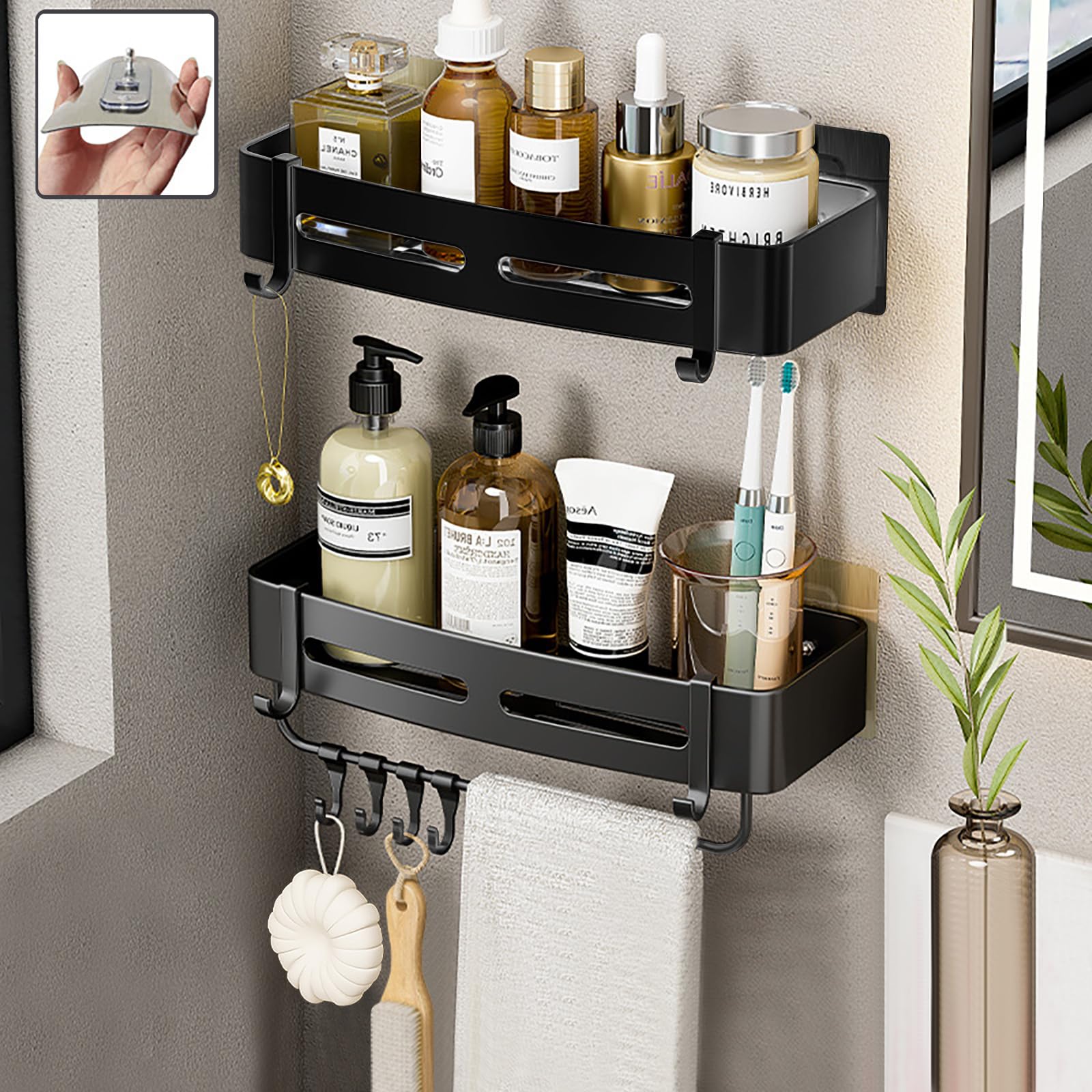 Hojudo Shower Shelf-2 Tier Rustproof Bonded Shower Caddy -Wall-Mounted Shower Holder-8 Hooks,Towel Bars-Shower Accessories Bathroom Organiser-No Drilling Required for Installation