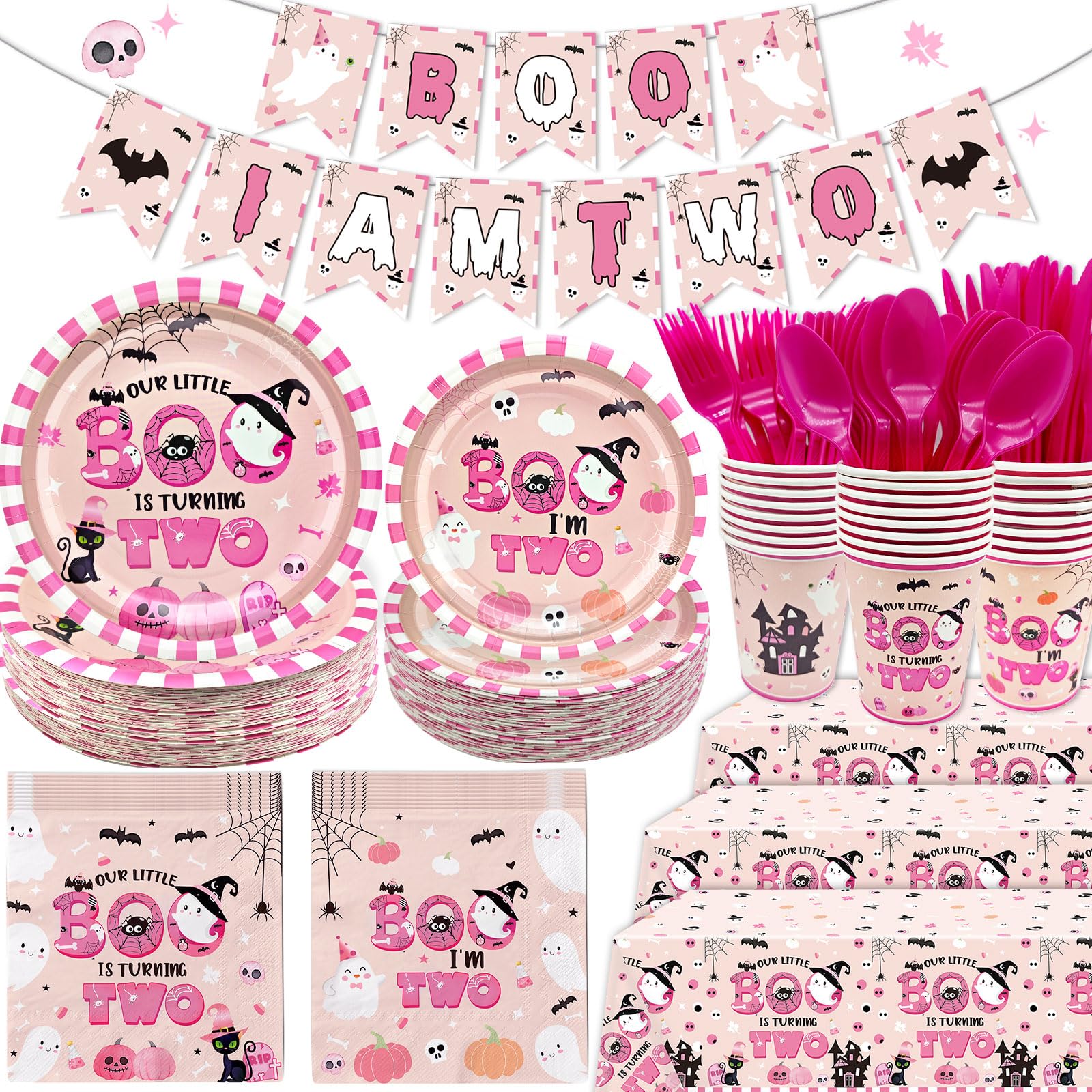 Yavxzvbw 182Pcs Boo I'm Two Decor Birthday Halloween Decorations Two Spooky Birthday Pink Halloween Birthday Party Decorations Girl with Boo Banner for Halloween 2nd Birthday Decorations