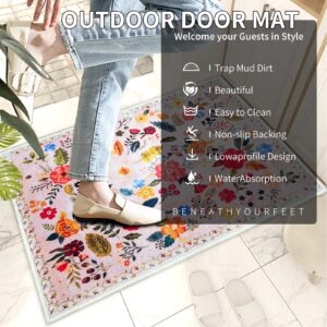 2 Pcs Washable Indoor Doormat 18" x 30" Non Slip Floral Floor Mat Area Rug Absorbent Entrance Rug Distressed Rug, Accent Throw Rug for Bedroom Kitchen Entryway Bathroom(Beige, 18" x 30")