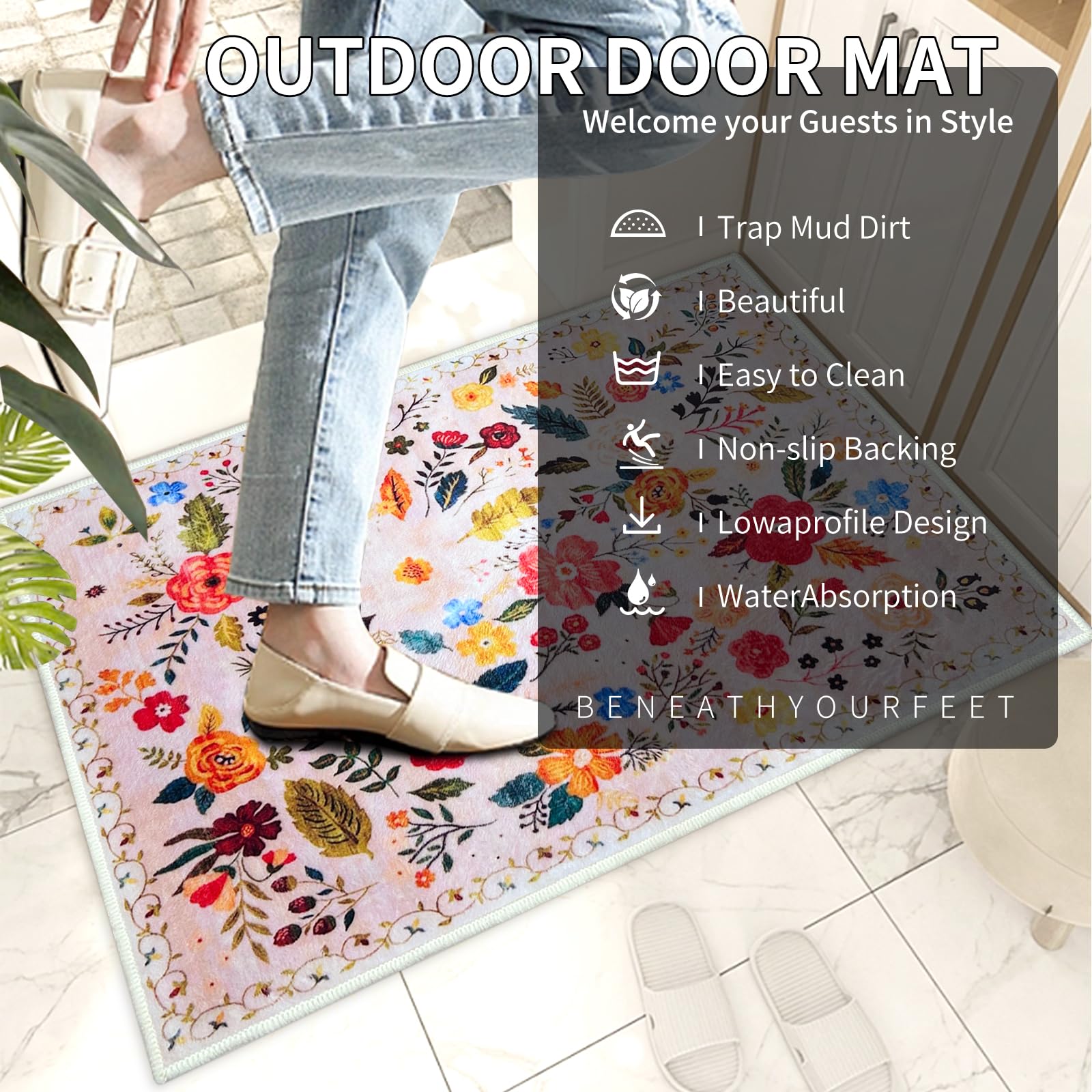 2 Pcs Washable Indoor Doormat 18" x 30" Non Slip Floral Floor Mat Area Rug Absorbent Entrance Rug Distressed Rug, Accent Throw Rug for Bedroom Kitchen Entryway Bathroom(Beige, 18" x 30")