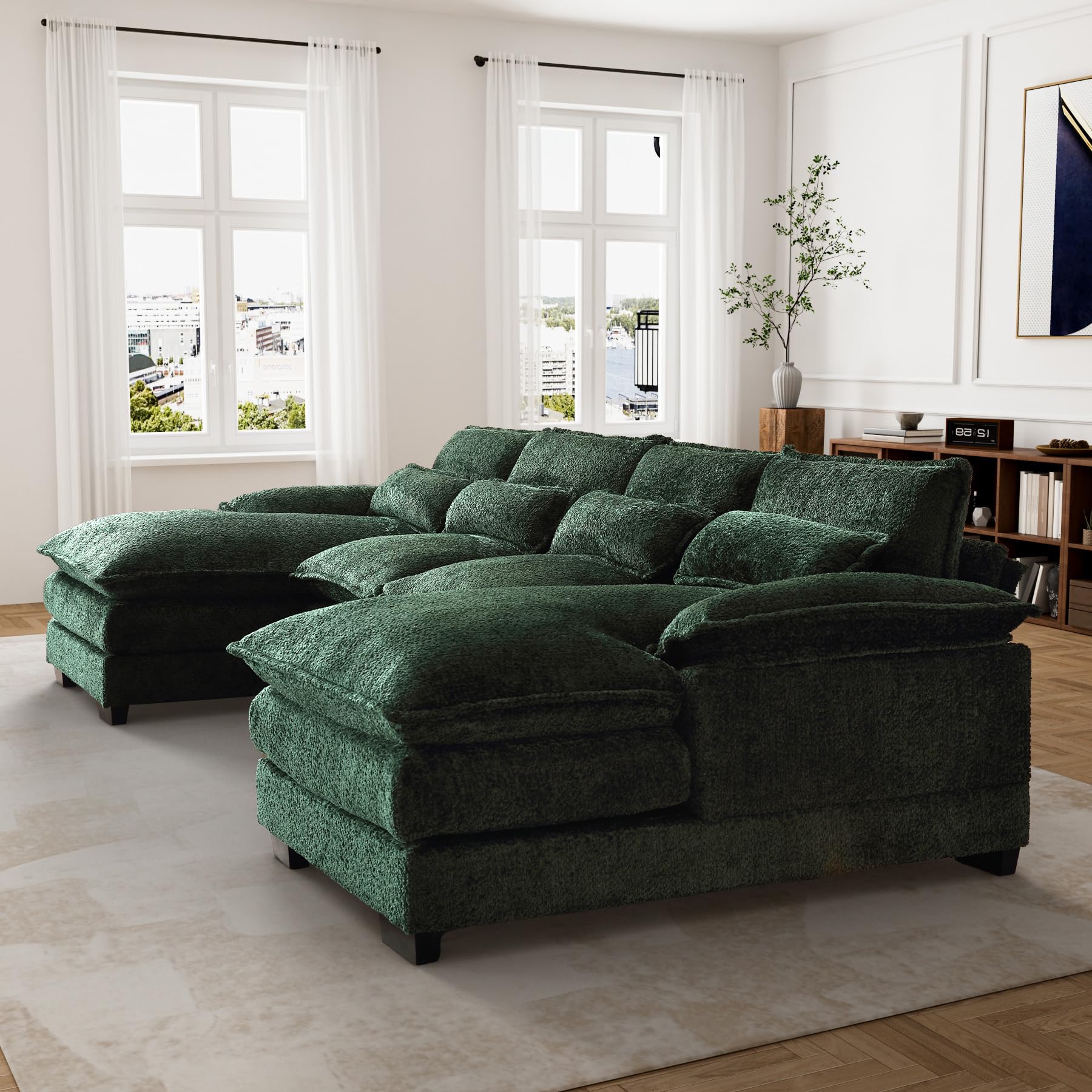 ONEMMLION U Shape Sectional Sofa Cloud Couch for Living Room, 110" Modern Chenille Comfy Modular Sofa, 4 Seat Upholstery Sofa Sleeper with Double Chaise & Memory Foam, Emerald Green