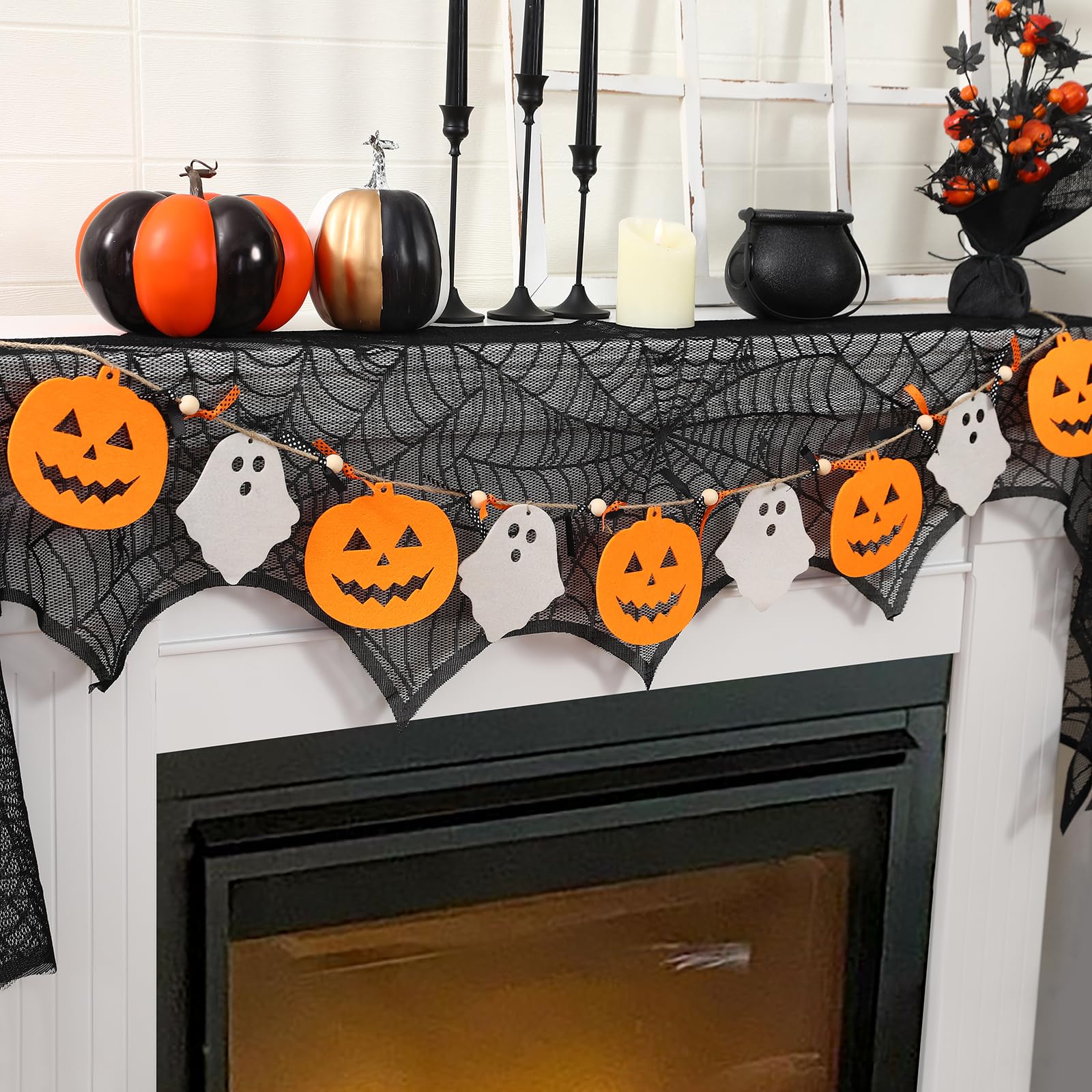 Halloween Decorations-Felt Pumpkin Ghost Wood Beads Garland for Halloween Decorations Indoor-Pumpkin Ghost Garland Banner for Home Party Fireplace Mantle Windows Decor