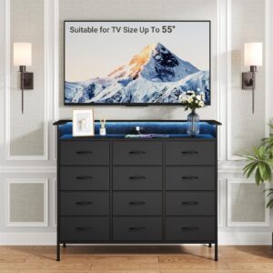 ELYKEN 50”W Black Dresser for Bedroom, Dresser with 12 Drawers and Charging Station, Fabric Chest of Drawers with PU Finish Storage Drawers, Tall Dresser for Entryway Closet Living Room Hallway