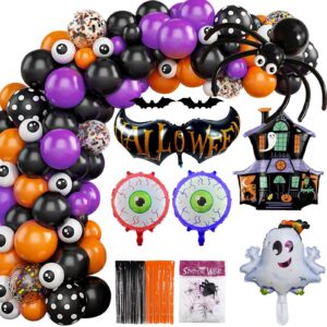 187pcs halloween balloons arch garland kit, 12 inches black orange purple halloween balloons ghost eyes house spider web bat decorations inflatable foil balloon, indoor outdoor halloween decor party