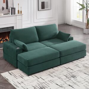 kivenjaja 82.7” corduroy sectional couch, double chaise lounge sofa, deep seat oversized loveseat with ottomans, cup holder & usb port for living room apartment small space, green