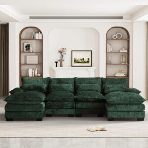 onemmlion u shape sectional sofa cloud couch for living room, 110" modern chenille comfy modular sofa, 4 seat upholstery sofa sleeper with double chaise & memory foam, emerald green