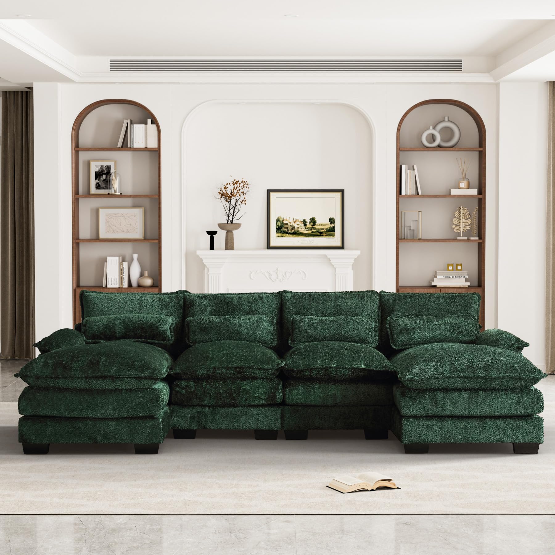 ONEMMLION U Shape Sectional Sofa Cloud Couch for Living Room, 110" Modern Chenille Comfy Modular Sofa, 4 Seat Upholstery Sofa Sleeper with Double Chaise & Memory Foam, Emerald Green