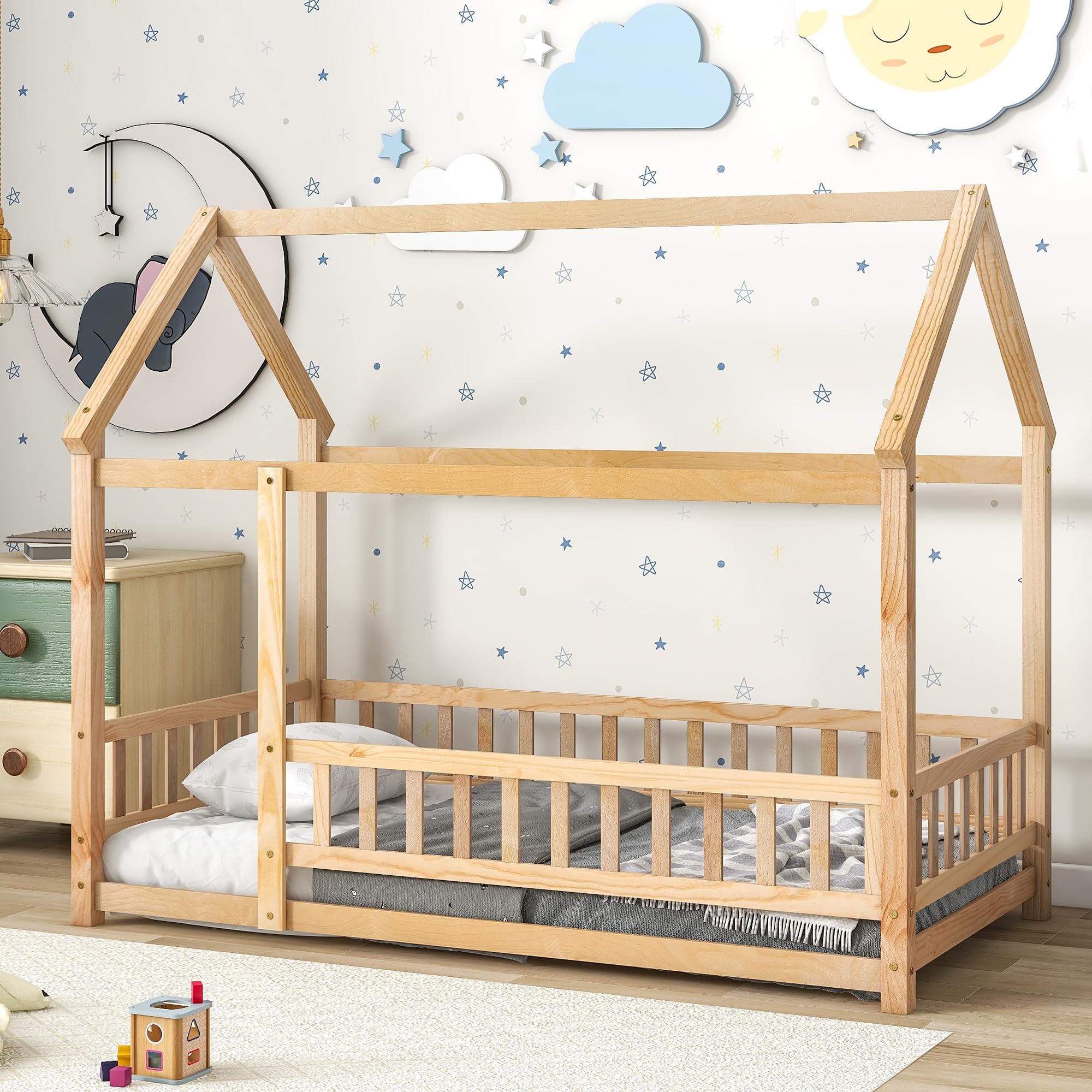 Montessori Floor Bed with House Roof and Safety Guardrails, Twin Size Solid Pine Wood Floor Bed Frame, Full Length Rails Fence for Girls, Boys, Child Bedroom, Kids Playroom (Natural)