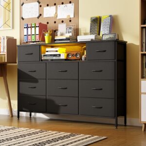 Fixwal Long Dresser for Bedroom with Charging Station and LED Lights, Black Dresser TV Stand with 11 Drawers, Fabric Chest of Drawers with PU Finish for Bedroom, Living Room, Entryway