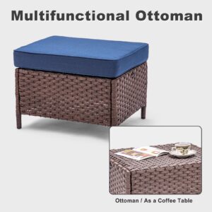 Buenhomino 2 Pieces Outdoor Patio Ottoman - All-Weather Rattan Wicker Footstool with Removable Cushions, Ideal for Patio, Deck, Garden, Porch - Brown/Blue