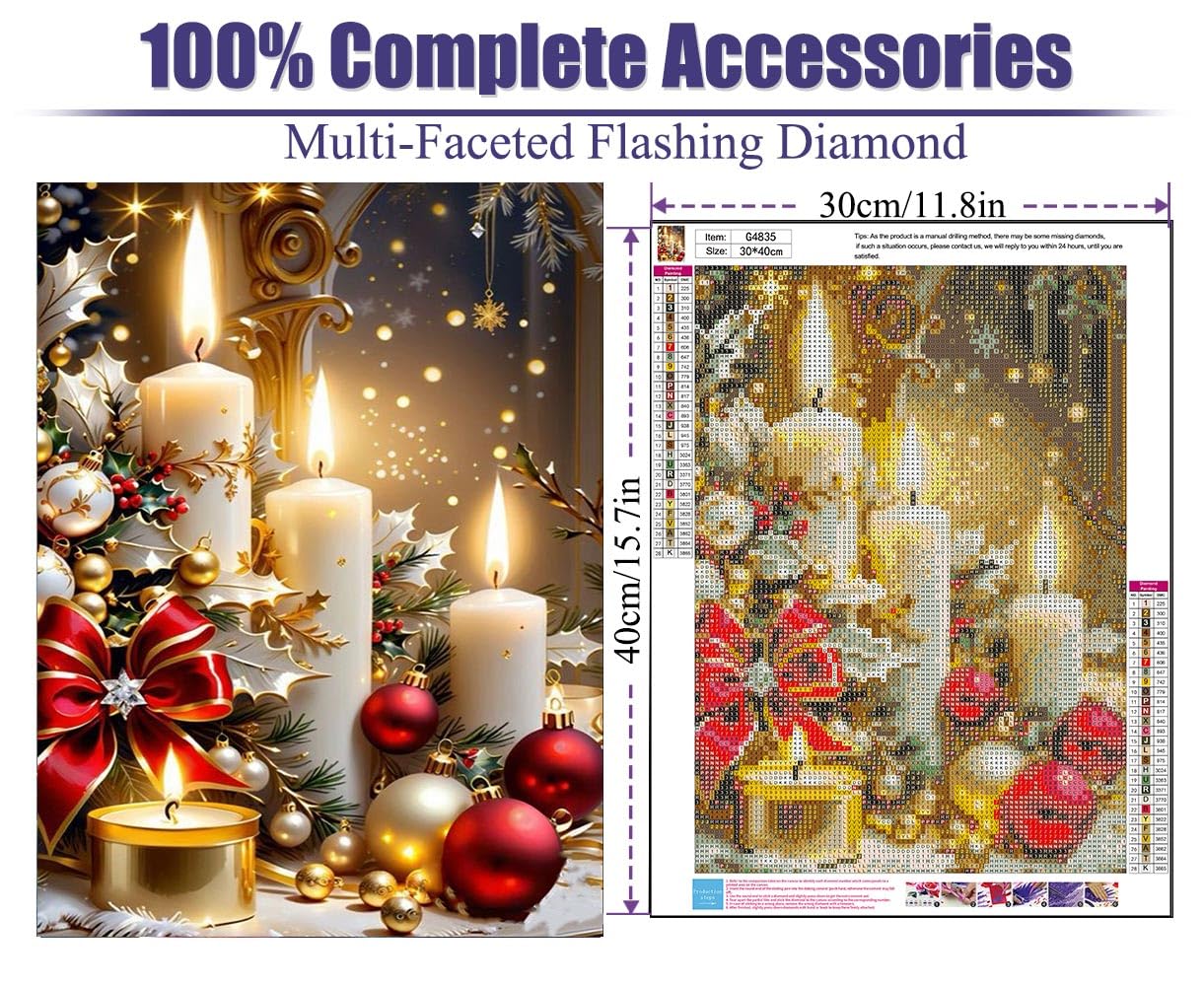 Christmas Diamond Painting Kits for Adults, Christmas Candles Diamond Art for Beginners, 5D Round Full Drill Winter Diamond Painting Gem Art Kits for Home Wall Decor 12x16inch