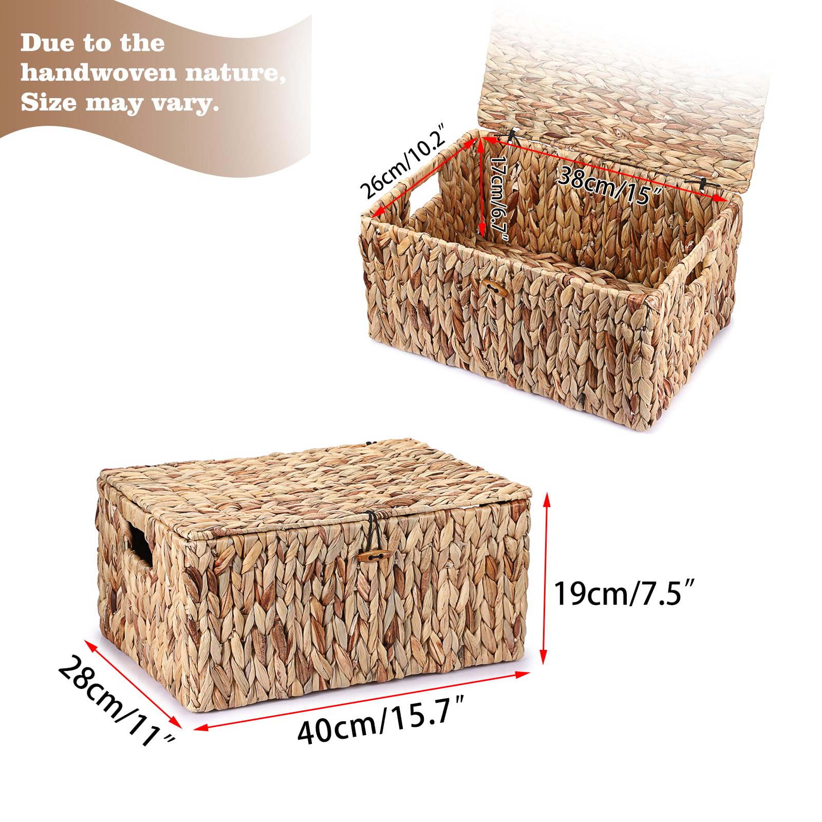 Hipiwe Wicker Storage Bins with Lid, X-Large Handwoven Water Hyacinth Wicker Baskets Rectangular Decorative Shelf Baskets Bin Built-in Handles Household Basket Boxes for Shelf Home Organizing