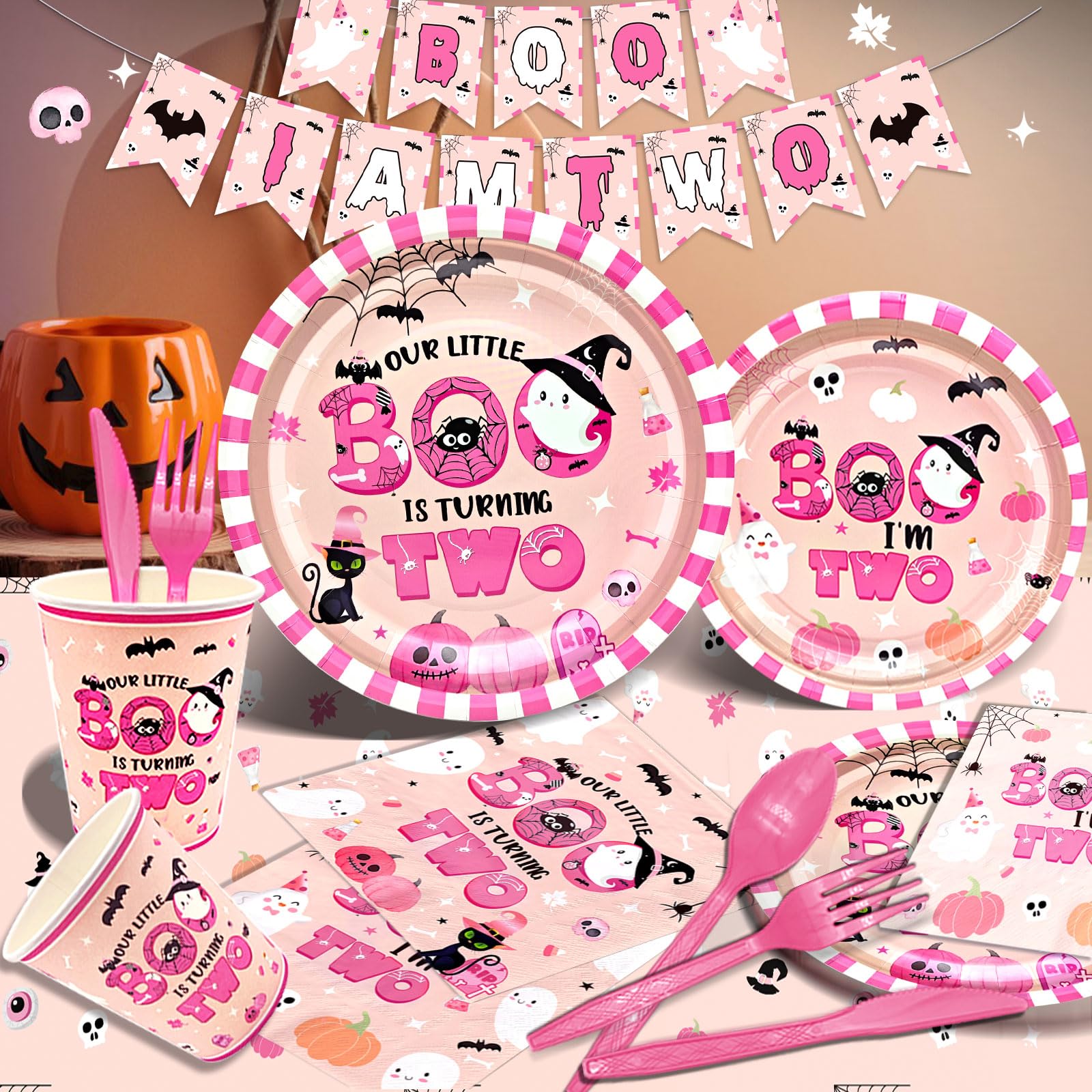 Yavxzvbw 182Pcs Boo I'm Two Decor Birthday Halloween Decorations Two Spooky Birthday Pink Halloween Birthday Party Decorations Girl with Boo Banner for Halloween 2nd Birthday Decorations