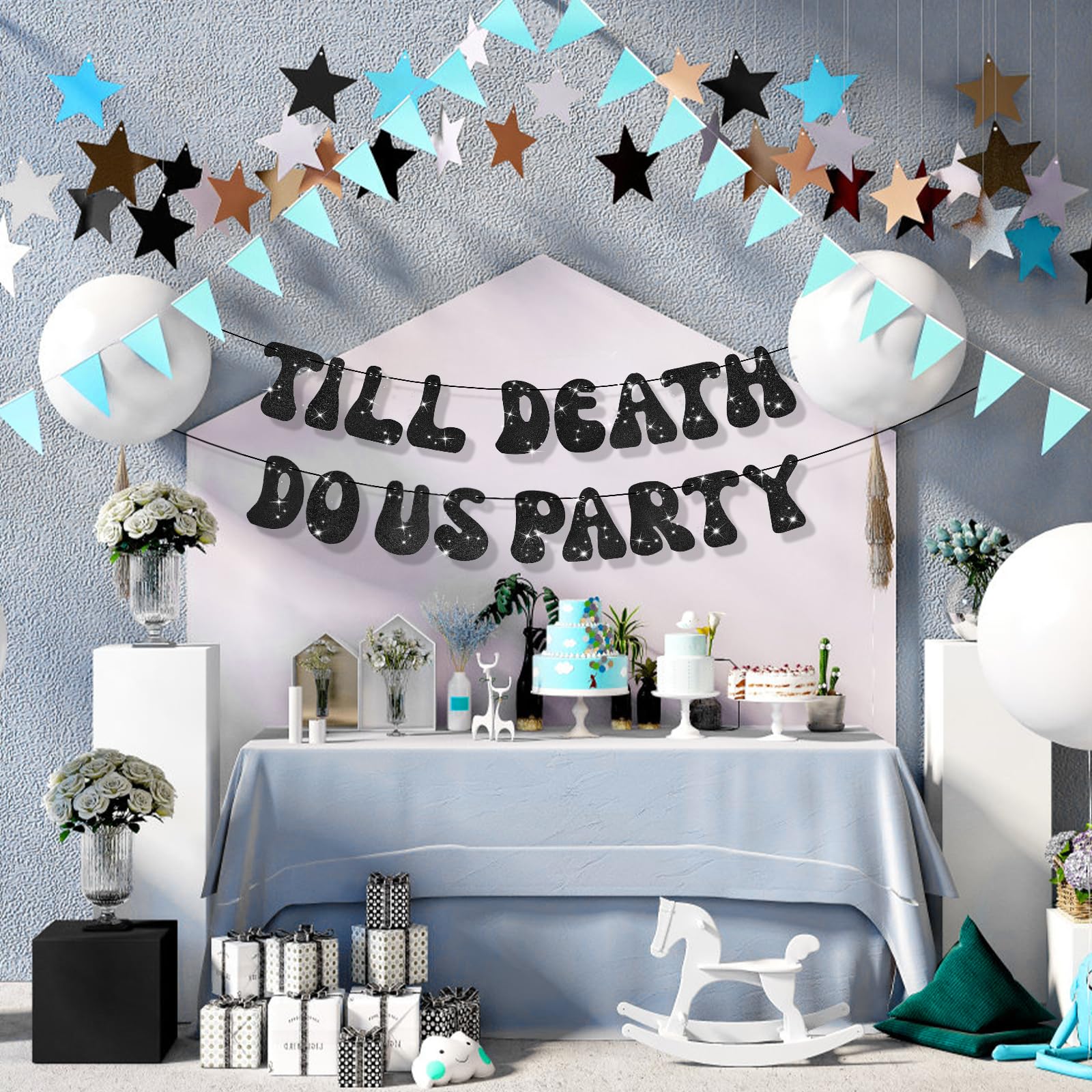 Till Death Do Us Party Banner, Halloween Banner Pre-strung Anniversary party Decoration Sign Bachelorette Party Garland (Black)