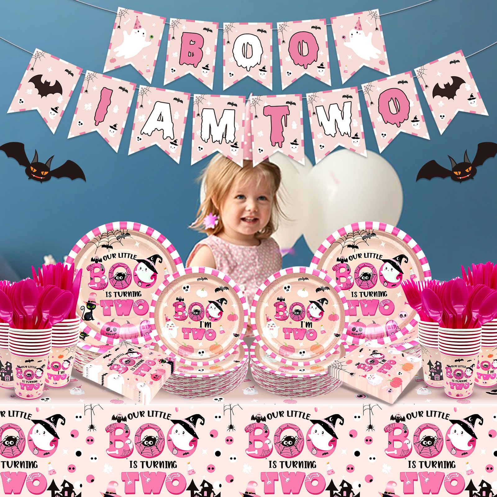 Yavxzvbw 182Pcs Boo I'm Two Decor Birthday Halloween Decorations Two Spooky Birthday Pink Halloween Birthday Party Decorations Girl with Boo Banner for Halloween 2nd Birthday Decorations