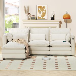 DYHOME L Shaped Couch Sectional Sofa Comfy Cloud Couch for Living Room, Deep Seat Modular Sectional Sofa with Padded Armrests, Pillows, and Charging Station, Modern Chenille, 3 Seat Cream White