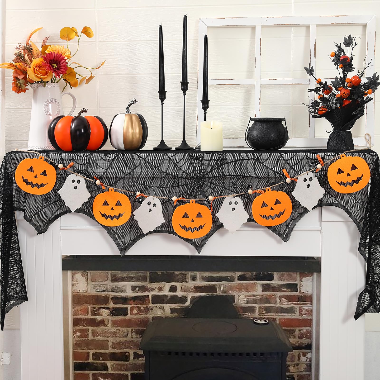 Halloween Decorations-Felt Pumpkin Ghost Wood Beads Garland for Halloween Decorations Indoor-Pumpkin Ghost Garland Banner for Home Party Fireplace Mantle Windows Decor