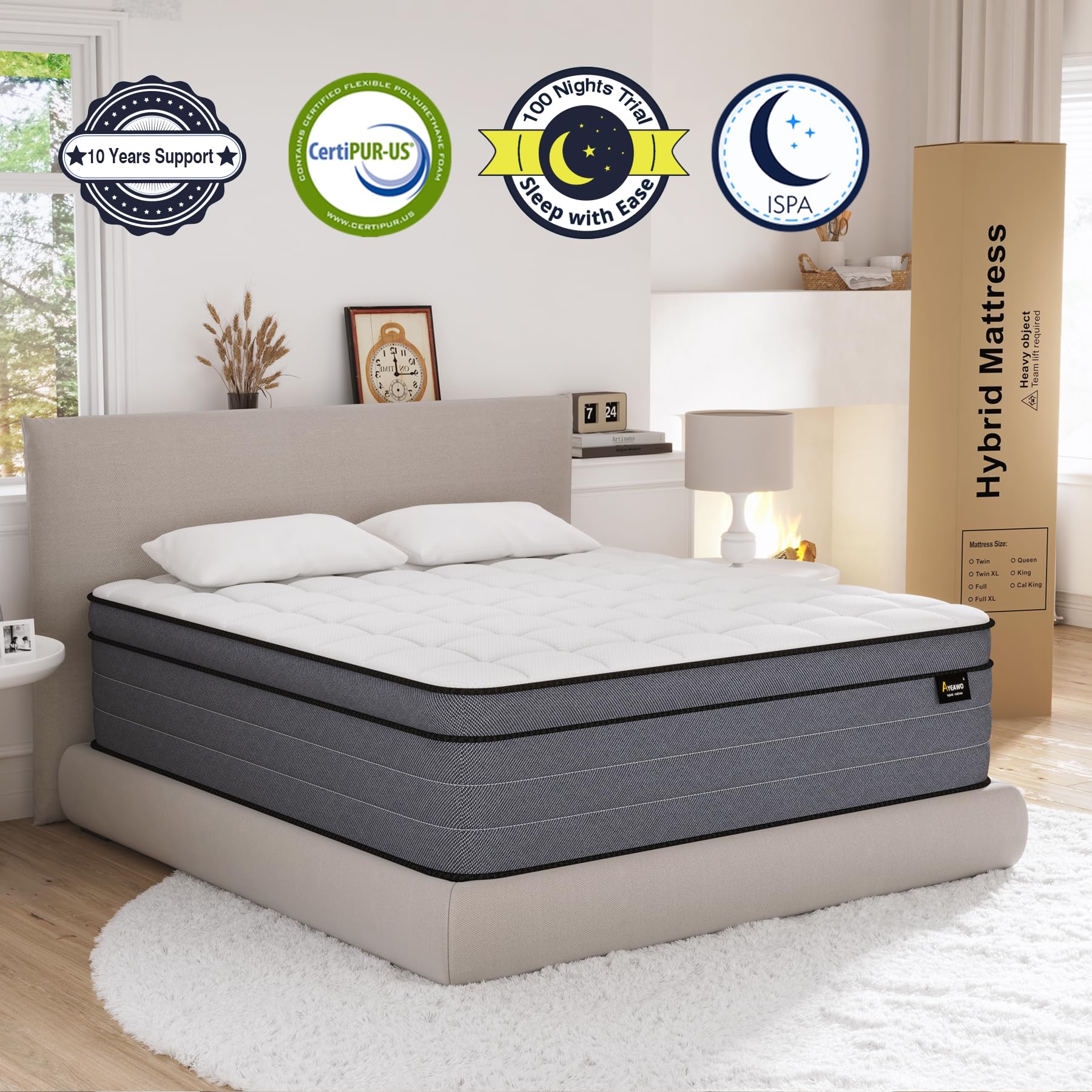 Ayeawo California King Mattress, 12 Inch Cal King Hybrid Mattress with Gel Memory Foam and Pocketed Springs, Pressure Relief and Motion Isolation, Cali King Mattress in a Box, Medium Firm