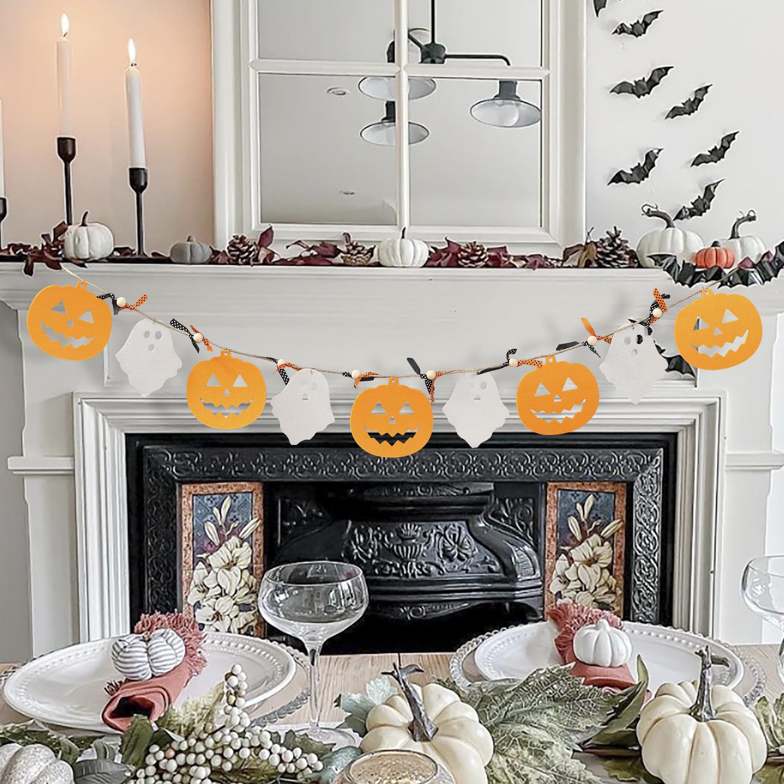 Halloween Decorations-Felt Pumpkin Ghost Wood Beads Garland for Halloween Decorations Indoor-Pumpkin Ghost Garland Banner for Home Party Fireplace Mantle Windows Decor