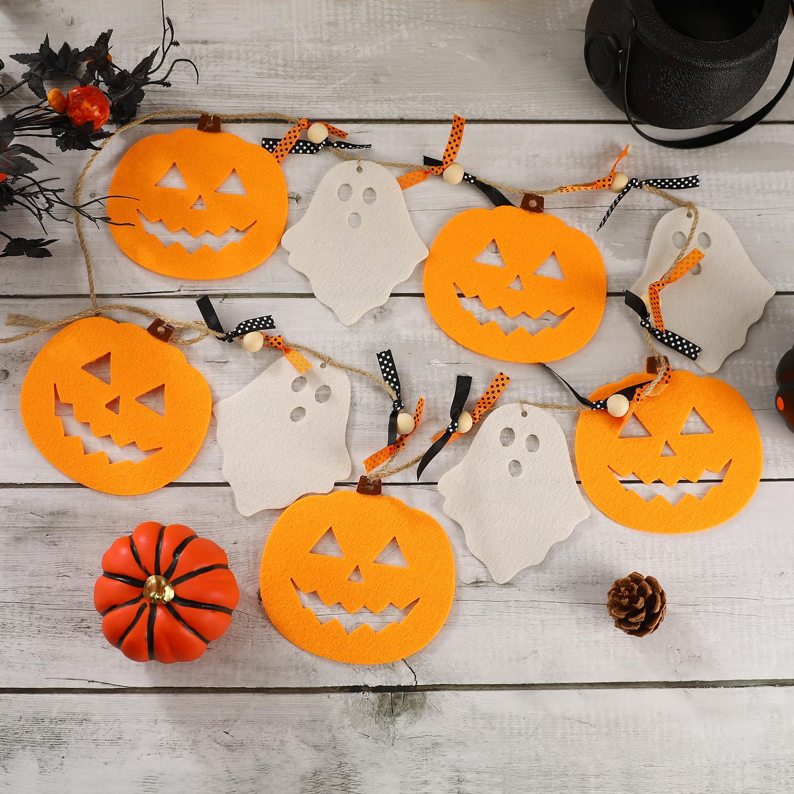 Halloween Decorations-Felt Pumpkin Ghost Wood Beads Garland for Halloween Decorations Indoor-Pumpkin Ghost Garland Banner for Home Party Fireplace Mantle Windows Decor