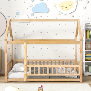 Montessori Floor Bed with House Roof and Safety Guardrails, Twin Size Solid Pine Wood Floor Bed Frame, Full Length Rails Fence for Girls, Boys, Child Bedroom, Kids Playroom (Natural)