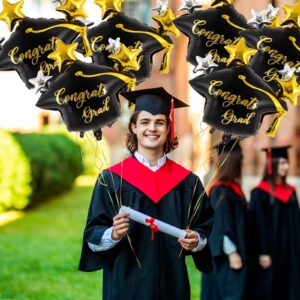 Graduation Cap Balloons, Large Academic Cap Shaped Black Mylar Graduation Foil Balloons, Grad Hat balloons for 2024 Graduation Party Decorations (Black Gold)