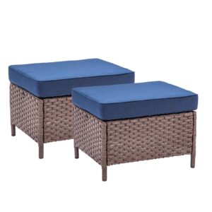 buenhomino 2 pieces outdoor patio ottoman - all-weather rattan wicker footstool with removable cushions, ideal for patio, deck, garden, porch - brown/blue