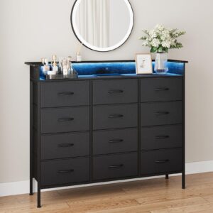 elyken 50”w black dresser for bedroom, dresser with 12 drawers and charging station, fabric chest of drawers with pu finish storage drawers, tall dresser for entryway closet living room hallway