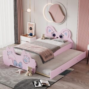 meritline twin size bed for kids, wood platform bed frame with cute cartoon headboard and trundle, twin kids bed with trundle for baby girls boys child's bedroom,grey