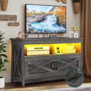 yitahome farmhouse tv stand with led light and power outlet, tv media console for up to 40 inch tv, rustic entertainment center table tv cabinet for living room, dark grey, 35'' wide