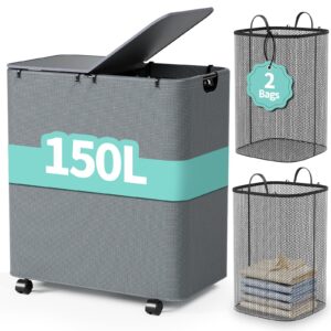 yecaye 150l laundry hamper with wheels, rolling laundry basket with lid and 2 removable laundry bag, large capacity clothes hampers for laundry, bedroom, bathroom, dorm, laundry room, grey