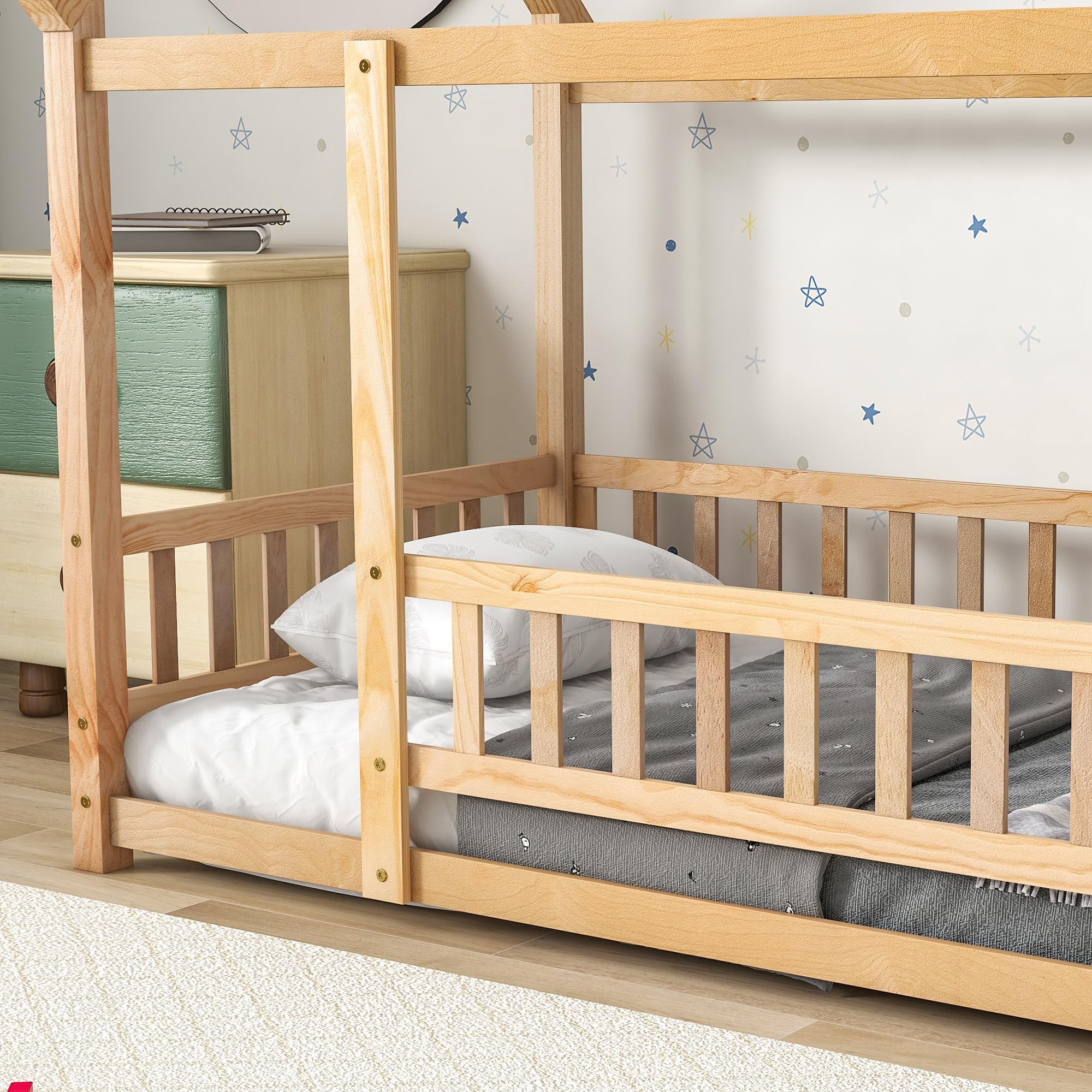 Montessori Floor Bed with House Roof and Safety Guardrails, Twin Size Solid Pine Wood Floor Bed Frame, Full Length Rails Fence for Girls, Boys, Child Bedroom, Kids Playroom (Natural)