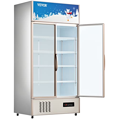 VEVOR Commercial Merchandiser Refrigerator 2 Glass Doors, Cubic Ft, Upright Display Beverage Cooler 79" Tall x 39.4" Width, Fridge with LED Lighting for Drink Wine Soda, Gold, 23 cu.ft