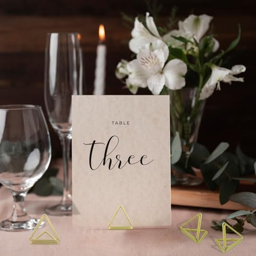 KALIONE 60 Pieces Triangle Place Card Holders Gold Table Number Holders Mini Table Picture Holders Name Place Card Photo Stand Holder Clips for Office Restaurant Wedding Anniversary Party