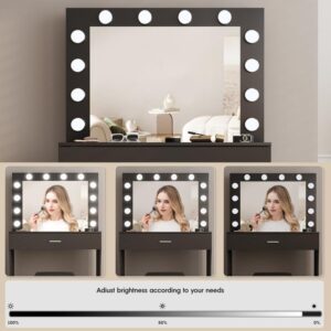 Vanity Desk with Mirror and Lights, Adjustable Brightness, Black Vanity Table Set with Storage Drawer,Makeup Vanity Set with Cushioned Chair