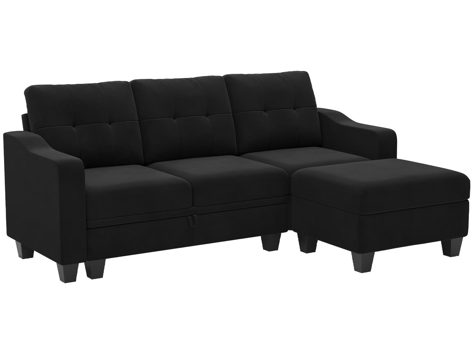 Belffin Velvet Sectional Couch with Storage, L Shaped Sofa with Chaise for Small Space, Black