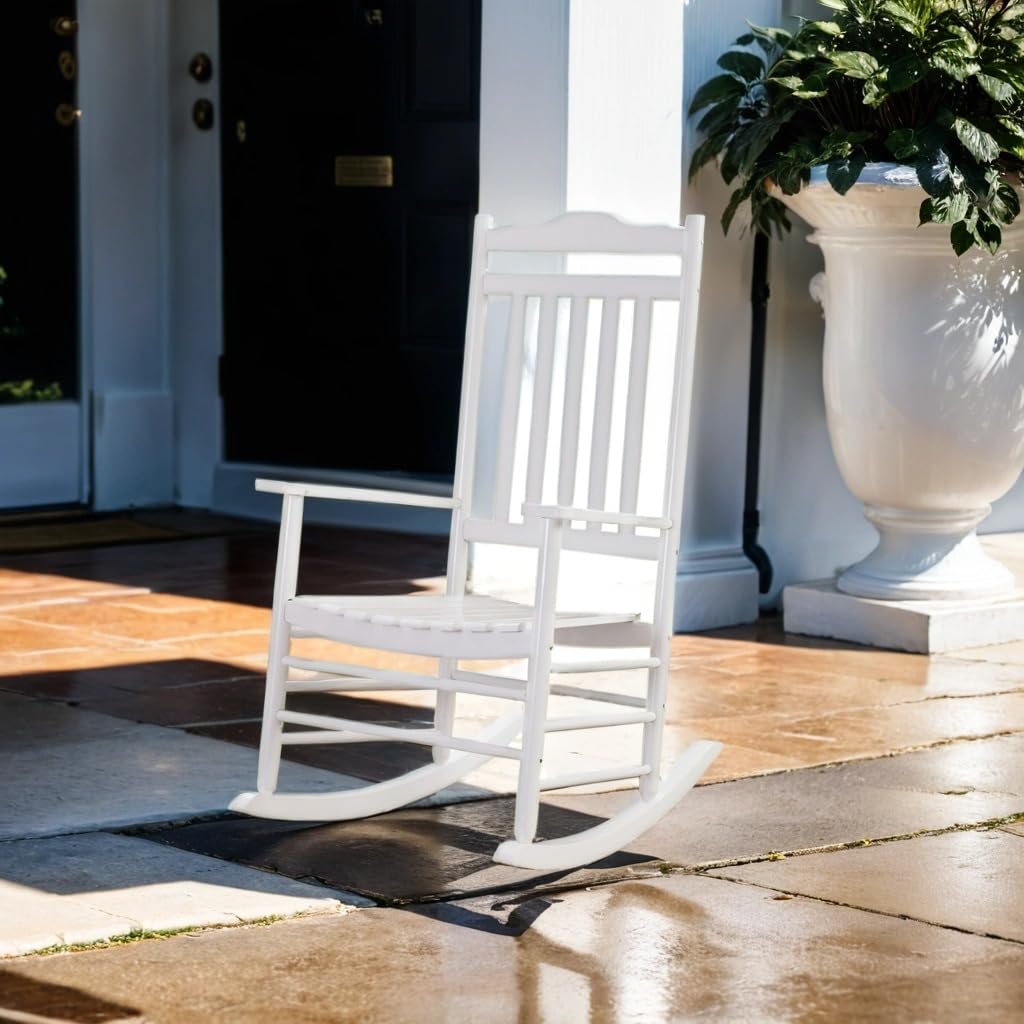 BplusZ Outdoor Patio Wooden Rocking Chairs Set 2 Piece, Furniture Comfy Rockers for Adults Porch Lawn Room Outside Indoor, White