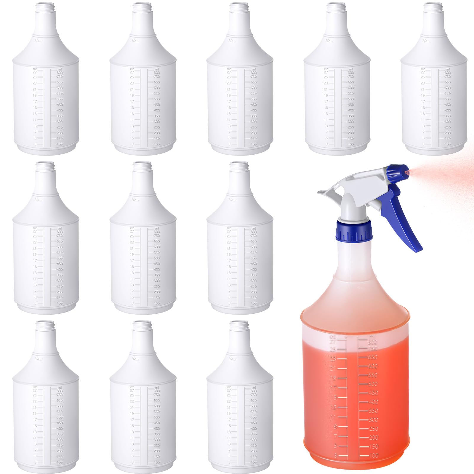 Yiyiring 12 Pcs Chemical Resistant 32 oz Bottles Plastic Leak Proof Embossed Scale Spray Bottles Pair without Industrial Spray Heads for Window Cleaning Car Detailing Lawn Care