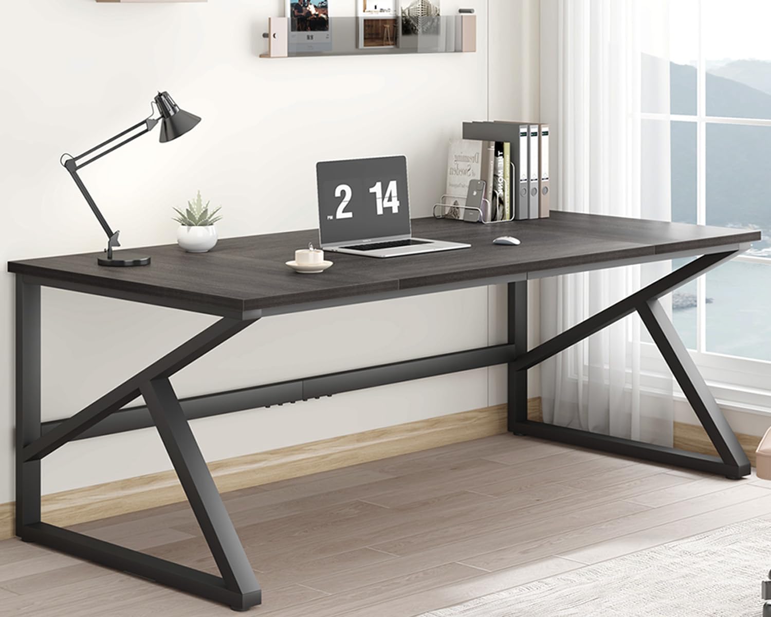 IBF Long Desks for Home Office, Large Metal Wooden Computer Desk for 2 Monitors, 70 Inch Two Person Desk for Executive Work Writing Study Gaming, Industrial Modern Big Double Desk, Dark Gray Oak