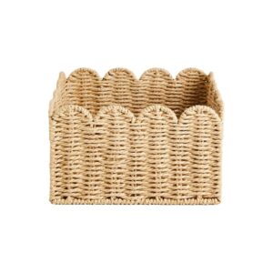 hflwywd scalloped edge basket, wicker storage baskets,hand woven rattan basket for shelves,natural water hyacinth storage baskets for organizing (medium), one