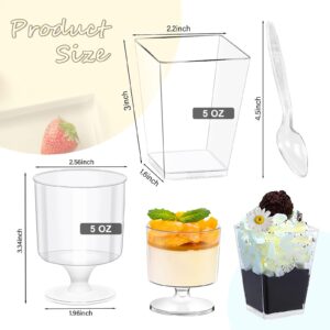 200Pcs Dessert Cups with Spoons 100Pcs 5 OZ Mini Clear Plastic Appetizer Parfait Cup 100 Spoon Small Fruit Ice Cream Mousse Pudding Serving Bowl Shooter for Party Square Wine Shot Glasses Round Goblet